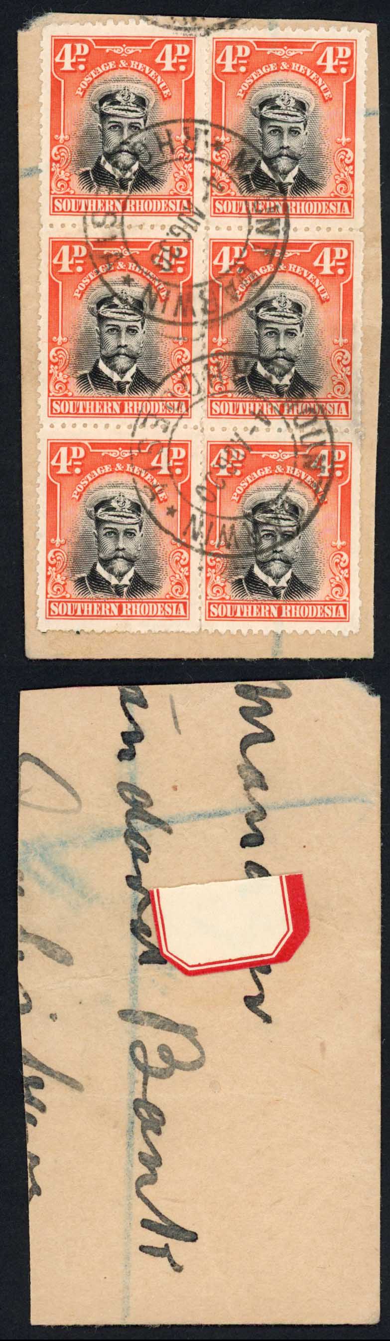Southern Rhodesia SG6 4d Black and Orange-red Block of 6 Used on Piece ...