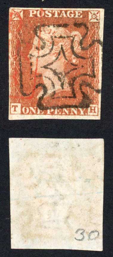 1841 Penny Red (TH) Plate 30 Fine Four Margins DUBLIN Cross and RED ...