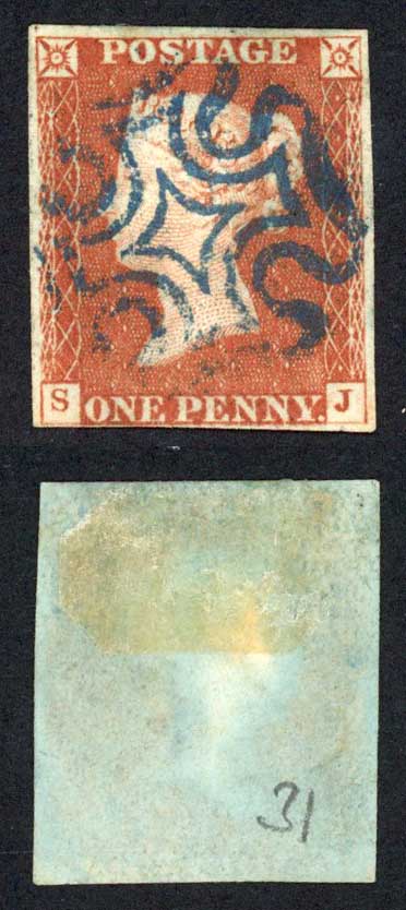 1841 Penny Red (SJ) Plate 31 Fine Four Margins BLUE CROSS Cat 500 ...
