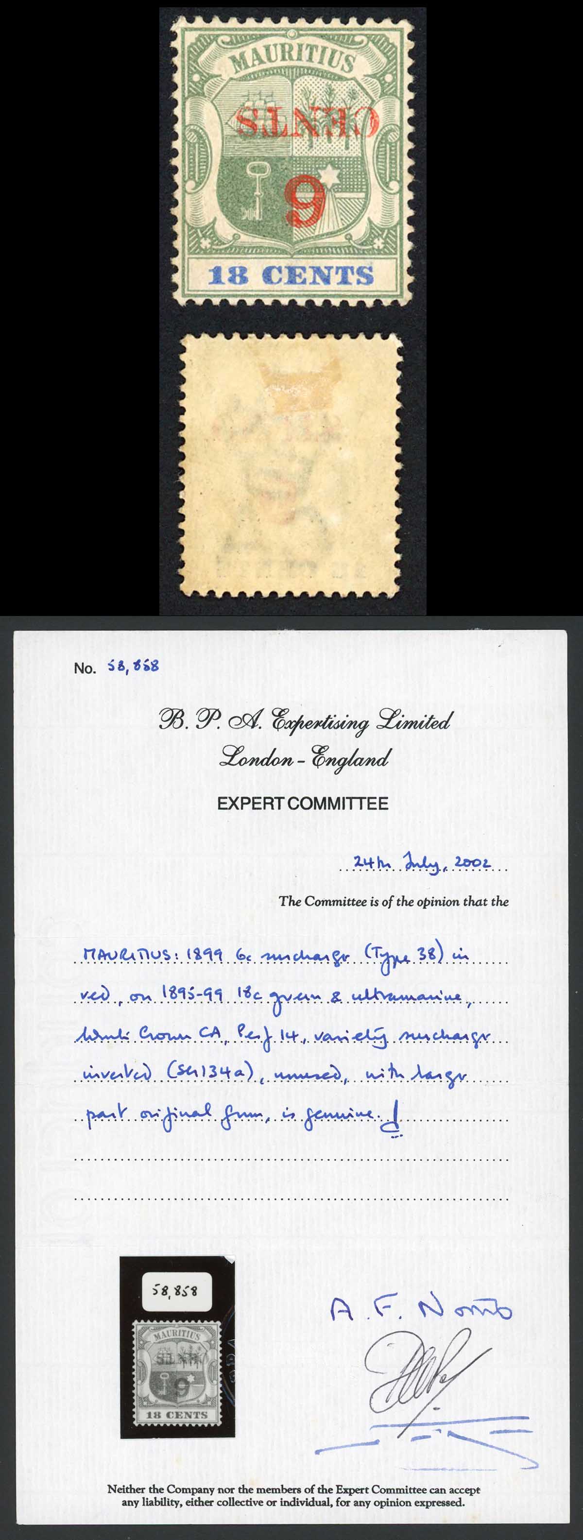 Mauritius SG 134a 1899 6c on 18c Surch INVERTED M/M BPA Cat 700 – Mark ...