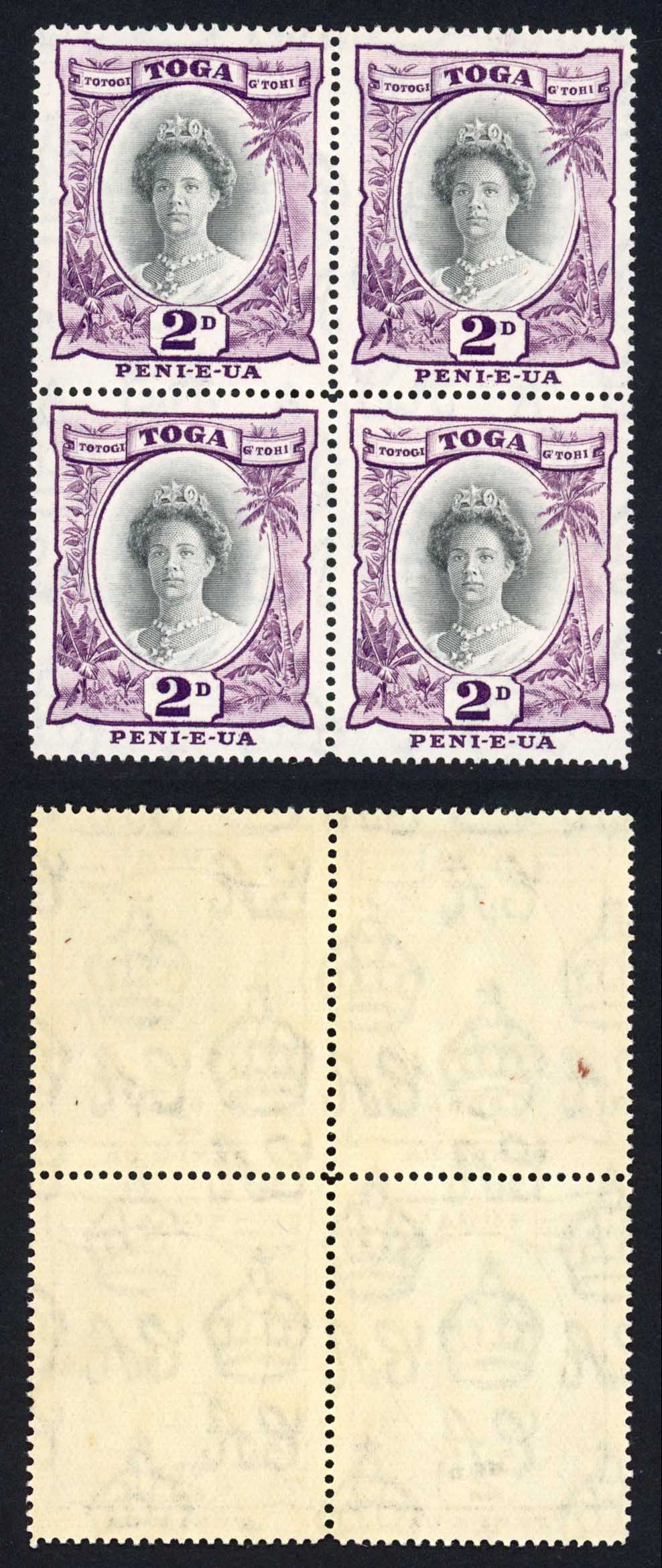 Tonga SG76 2d die 2 wmk Script Plate block (2 x U/M) Cat 22 pounds ...