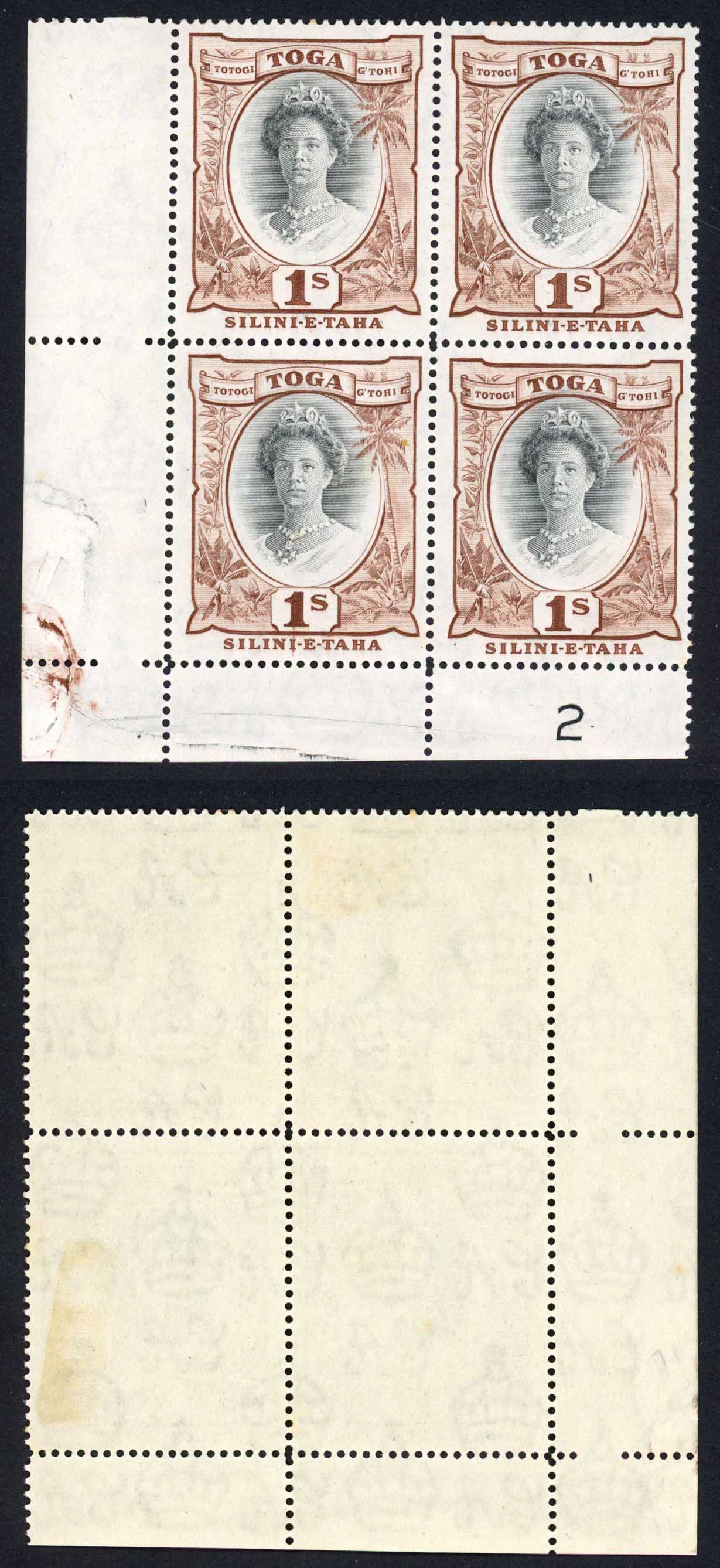 Tonga SG80 1/- wmk script Plate Block (2 x U/M) Cat 22++ pounds – Mark ...