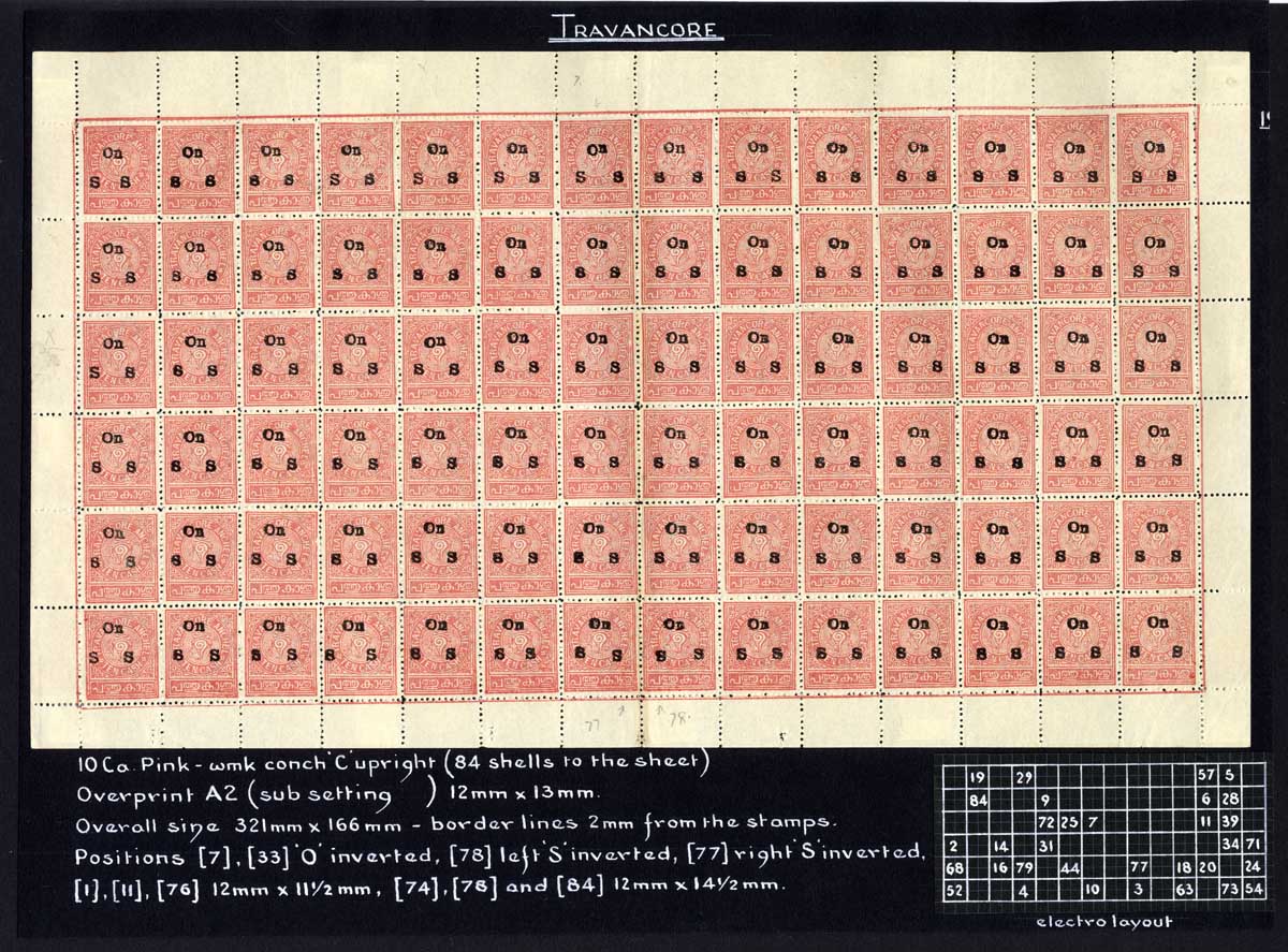 Travancore SGO24/c/d/e 1925-30 10ca pink Sheet with inverted O etc Cat ...