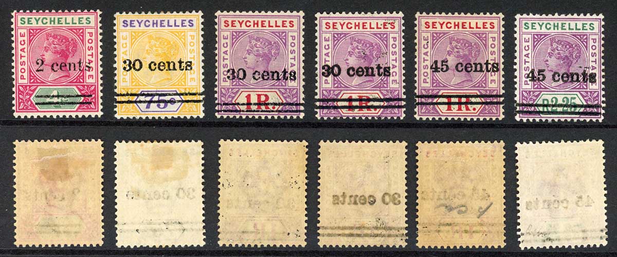 Seychelles SG41/5 1902 Surcharge set of 5 (plus extra 30c) M/M Cat 85 ...