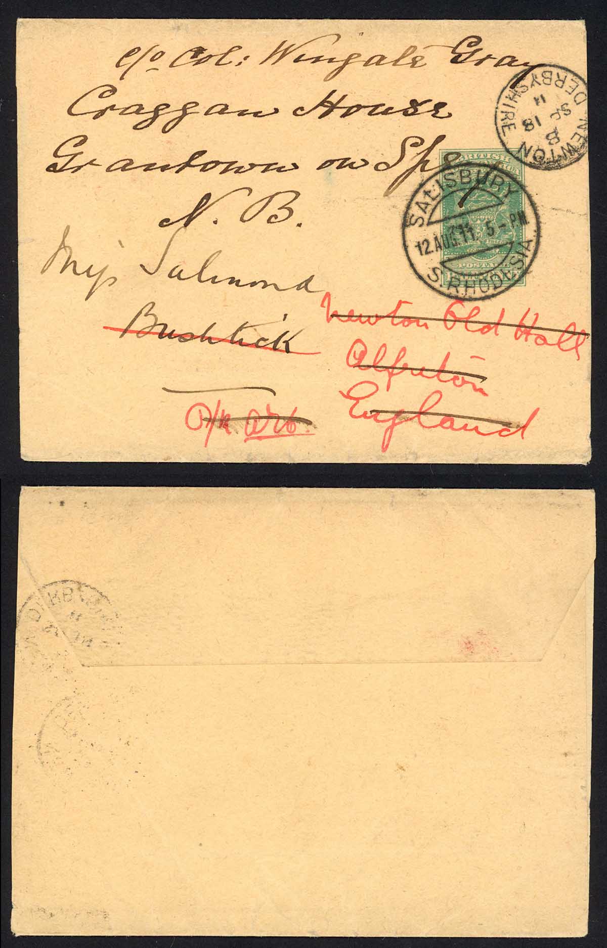 Rhodesia 1911 1/2d Arms wrapper to Bushtick redirected to Rngland ...