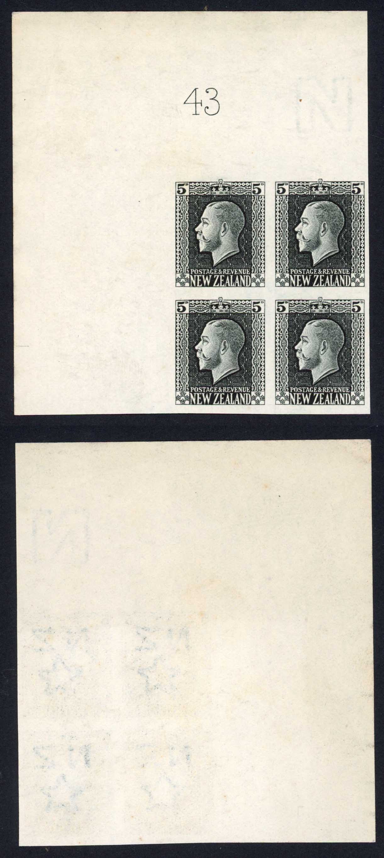 New Zealand SG 424 1915-30 5d black imperf plate proof block of 4 ...