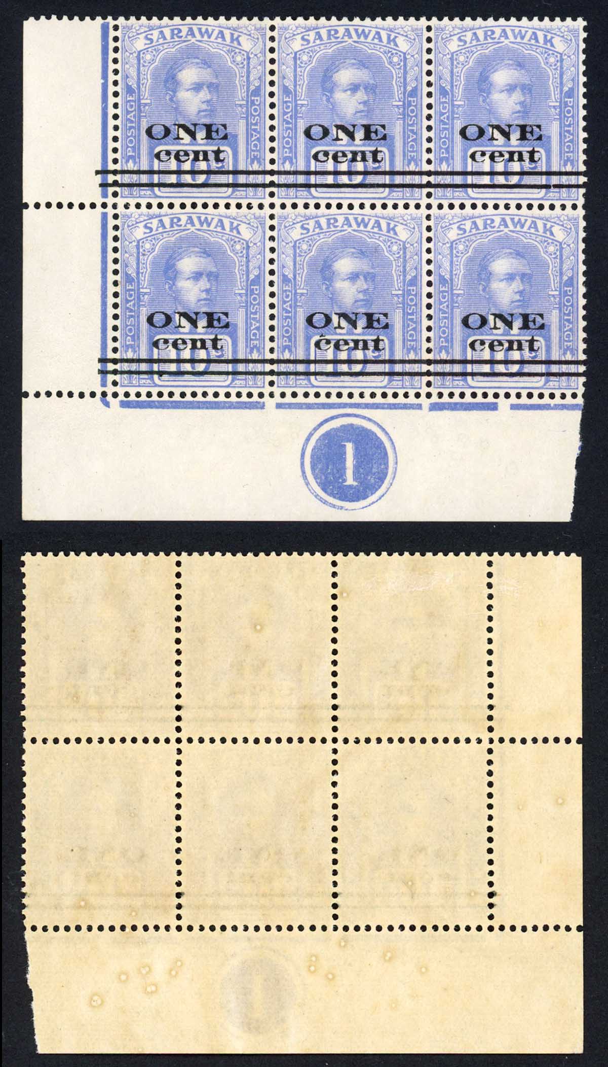 Sarawak SG72 1c on 10c dull blue Plate Block M/M Cat 60 pounds – Mark ...