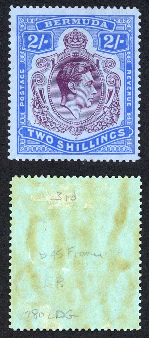 Bermuda SG116b 2/- Deep Purple and Ultra/grey-blue Line Perf 14.25 M/M ...