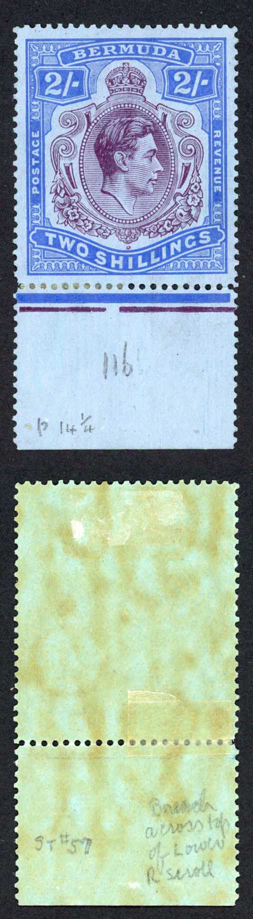 Bermuda SG116b 2/- Deep Purple and Ultra/grey-blue Line Perf 14.25 M/M ...