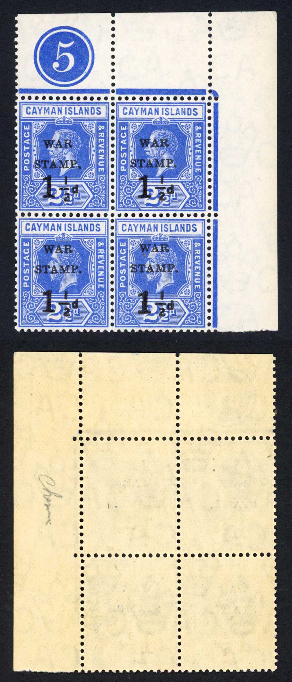 Cayman Is SG54 1 1/2d on 2 1/2d Plate Block U/M – Mark Bloxham Stamps Ltd