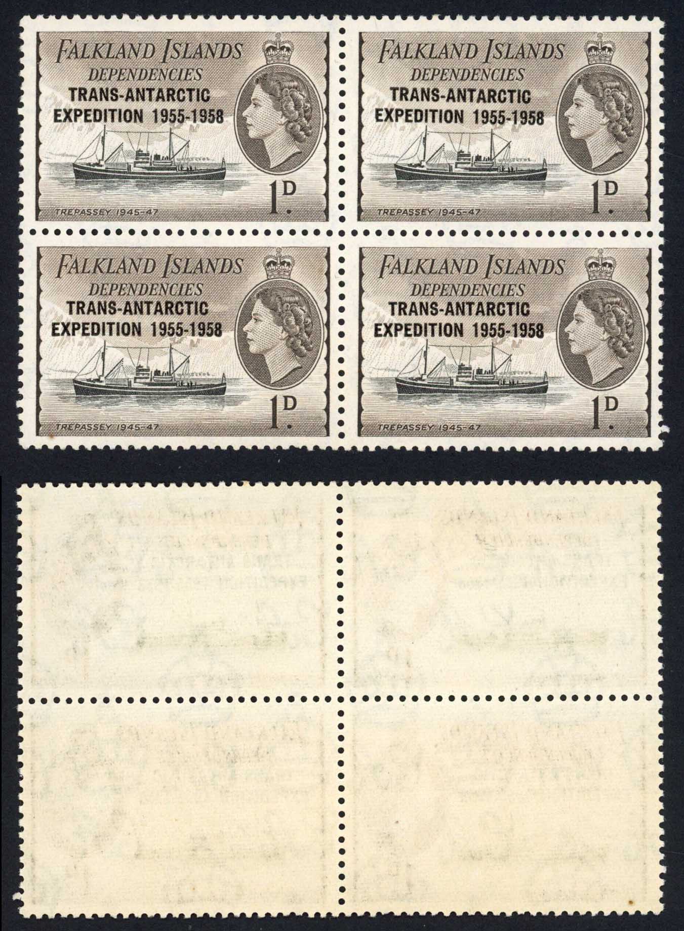 Falkland Is Dep SGG41 1d Top right stamp Malformed E in Expedition M/M ...