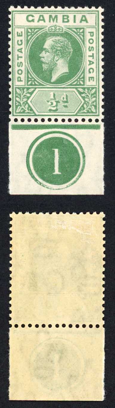 Gambia SG86b 1/2d Pale Green Wmk Mult CA Plate Number Example M/M ...
