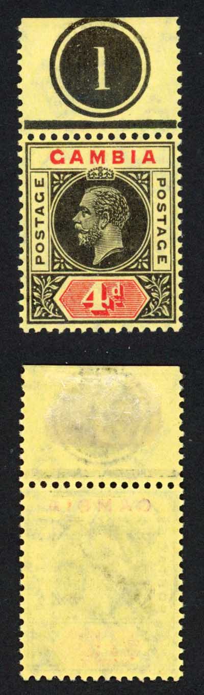 Gambia SG92c 4d Black and red/pale yellow Wmk Mult CA Plate Number ...
