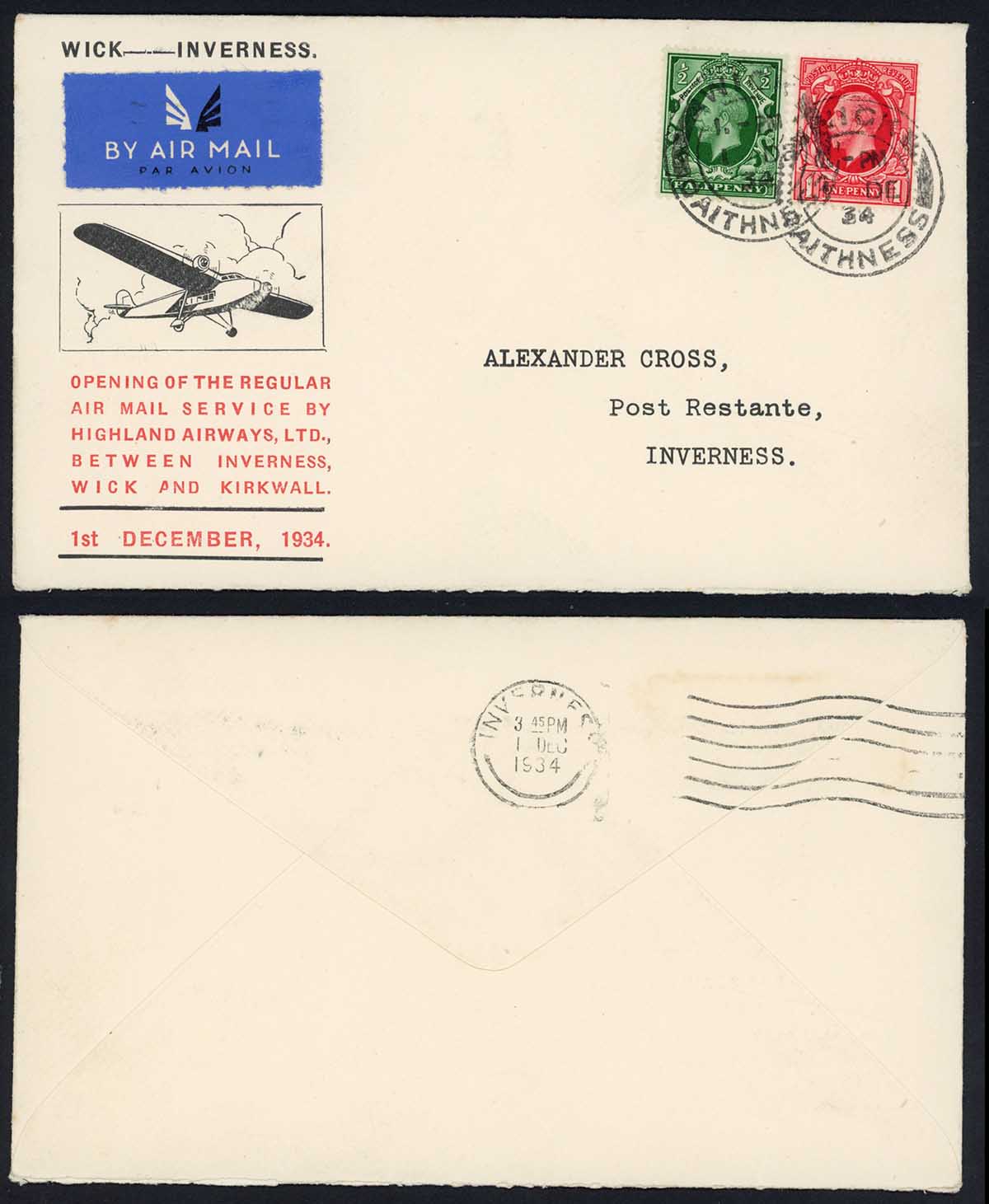 1st December 1934 Illustrated First Flight cover Wick to Inverness 1st ...