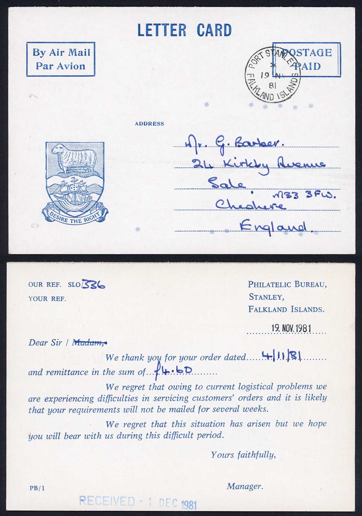 Falkland Is Heijtz P9 Philatelic Bureau Prepaid Post Card – Mark ...