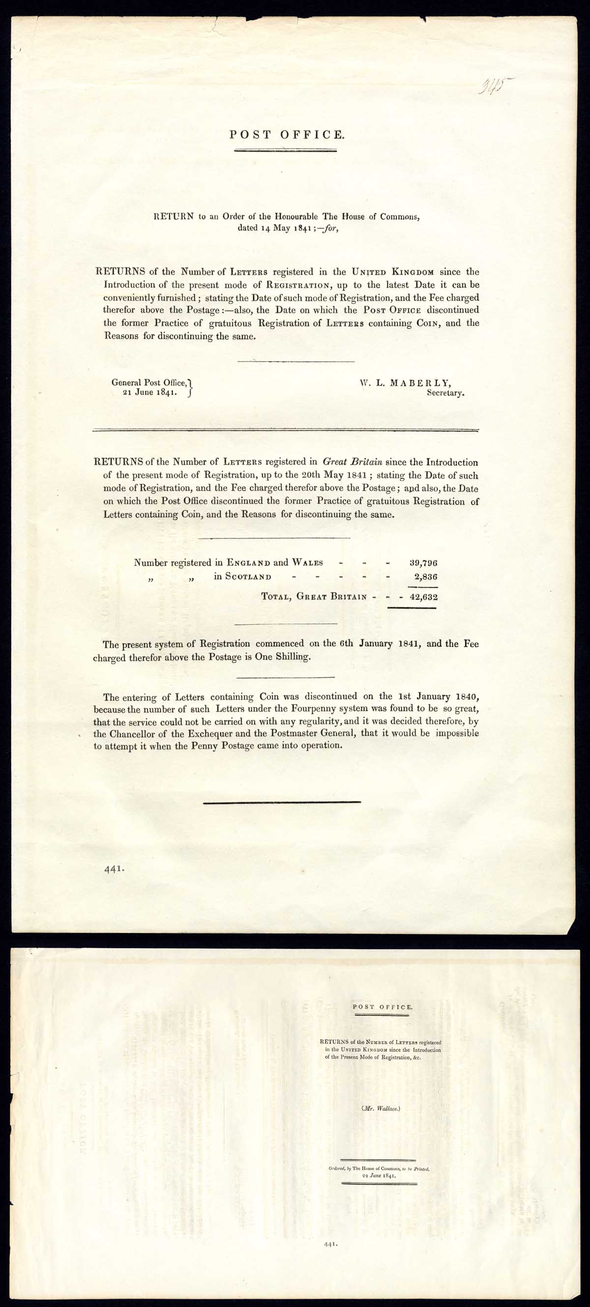 Treasury copy for Post Office orders 21 June 1841 numbers of Registered ...