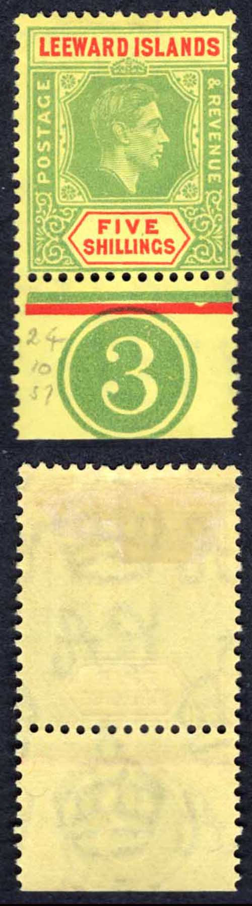 Leeward Is SG112c 5/- bright green and red on yellow paper PLATE 3 M/M ...